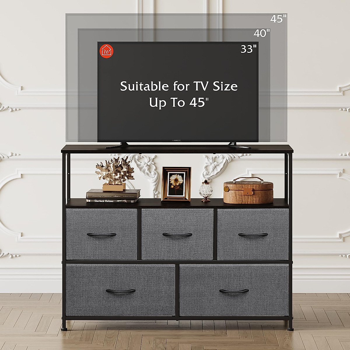 WLIVE Dresser TV Stand, Entertainment Center with Fabric Drawers, Media Console Table with Open Shelves for TV up to 45 inch, Storage Drawer Unit for Bedroom, Living Room, Entryway, Dark Grey
