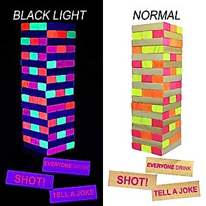 Drinking Games for Adults Party, Black Light Tumble Tower -Glowing Drinking Games Suitable for Day Or Night, 54 Blocks with Hilarious Drinking Commands, Stacking Games for adults party