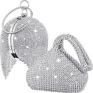 2 Pieces Women's Evening Handbags Rhinestone Clutch Wedding Purse Rhinestone Bag Triangle Bling Glitter Clutch Bag Round Ball Crystal Tassel Evening Bag for Bridesmaid Engagement Party(Silver)