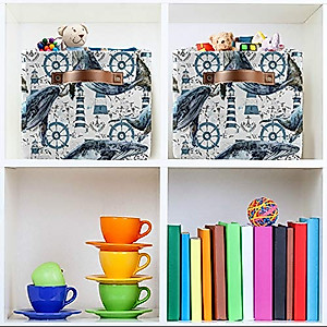 Storage Basket Nautical Sea Animal Whale Lighthouse Storage Cube Box Durable Canvas Collapsible Toy Basket Organizer Bin with Handles for Shelf Closet Bedroom Home Office