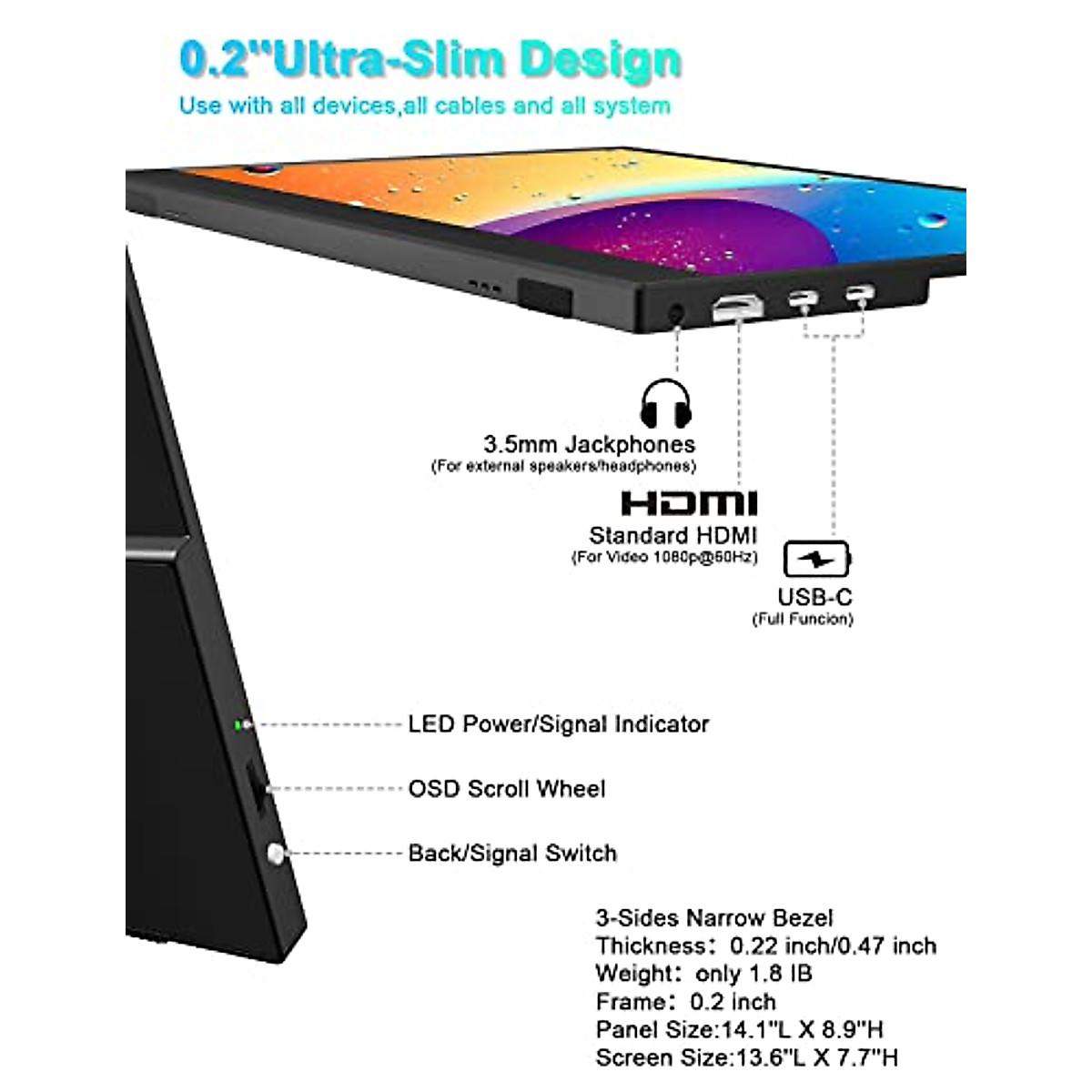 Portable Monitor, Usparkle 15.6inch 1080P FHD USB-C Travel Laptop Monitor, HDMI Computer Display HDR IPS Gaming Screen w/Smart Cover& Speakers, External Monitor for Laptop PC Mac Phone PS4 Xbox Switch