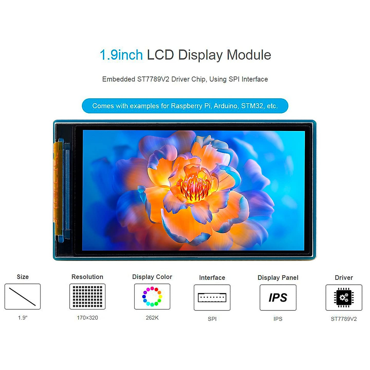 1.9inch LCD Display Module, 170x320 Resolution 262K Colorful IPS Screen Display, SPI Interface, Built-in ST7789V2 Chip, for Raspberry Pi 4B/3B+/3B/2B/Zero/Zero W/Zero 2W/WH,for Arduino, STM32, etc