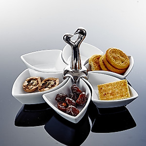 MALACASA Pack of 6 Porcelain Sauce Dishes Plates Serving Saucers Bowl with Stainless Steel Stand Holder For Appetizer Chips & Ketchup Sauce Serving White