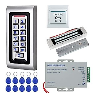 HFeng Door Access Control System Kit IP68 RFID Keypad Waterproof Outdoor + 180KG/320lbs Electromagnetic Electric Magnetic Lock + DC12V 3A Power Supply + 10pcs Keyfobs Tags Door Entry System
