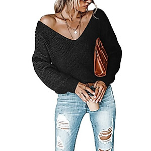 CUPSHE Women's V Neck Knit Sweaters Casual Pullover Oversized Fit Top with Long Sleeves, Black M