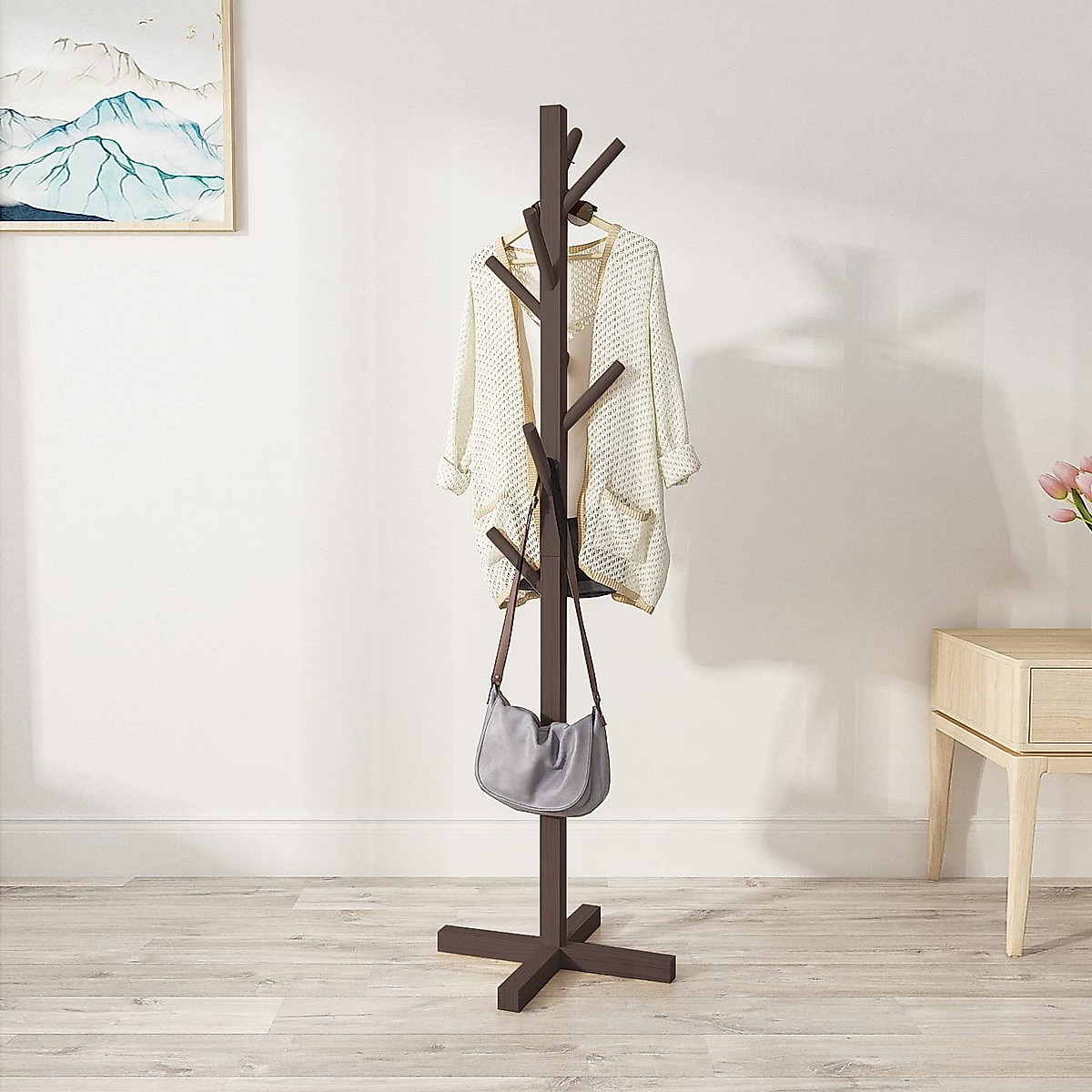 Tiasott Wooden Coat Rack Stand,Free Standing Tree Hanger,Standing Coat Rack with 8 Hooks,Hallway Entryway Clothes Hanger for Suits,Hats,Scarves,Handbags,Umbrella,Brown