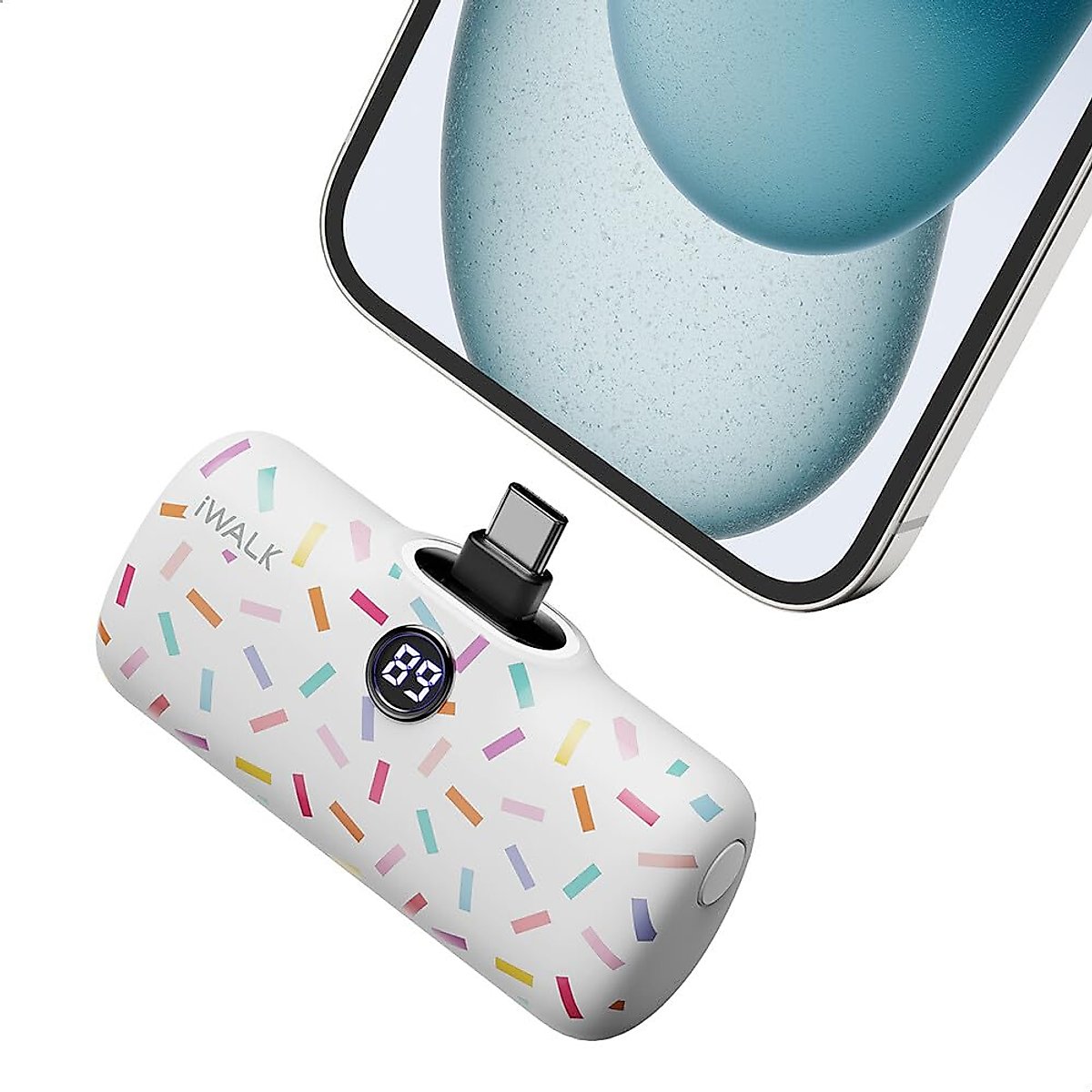 iWALK USB-C Portable Charger with Colorful Pattern, 20W PD Fast Charging 4800mAh Small Power Bank with LED Display, Compatible with iPhone 15/15 Plus/15 Pro/15 Pro Max, iPad, Airpods, White