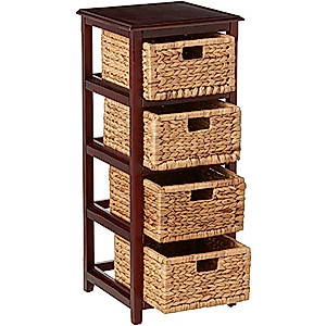 OSP Home Furnishings Seabrook Storage Tower with Solid Wood Frame and Natural Baskets, 4-Drawer, Espresso Finish