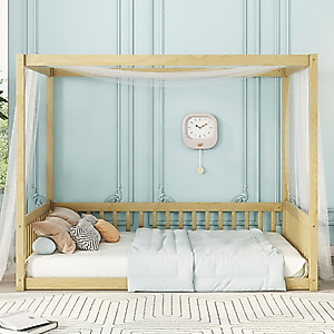 Full Size Canopy Bed Frame with Guardrails for Kids,Floor Bed Full with Four Poster Design,Kids Montessori Floor Bed,Wood Canopy Bed Frame for Girls,Boys(Full,Natural)