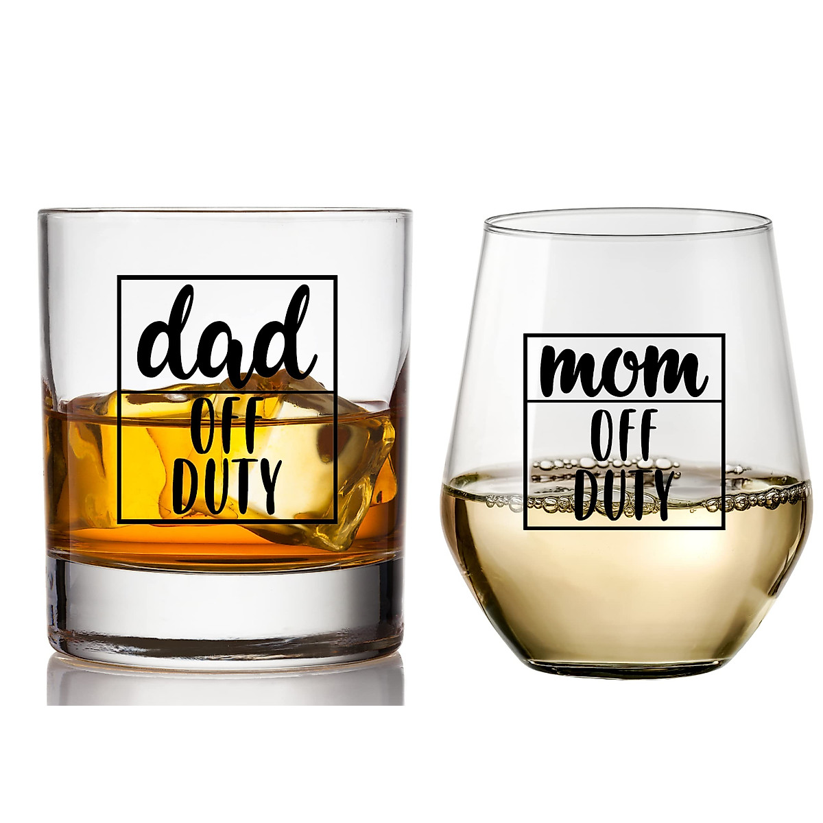 Mom Off Duty Dad Off Duty Wine and Whiskey Glass Set - First Time Parents Gifts - New Parents Gifts For Couples - Gender Reveal Gift For Mommy and Daddy - Best Gift for expecting Mother and Father