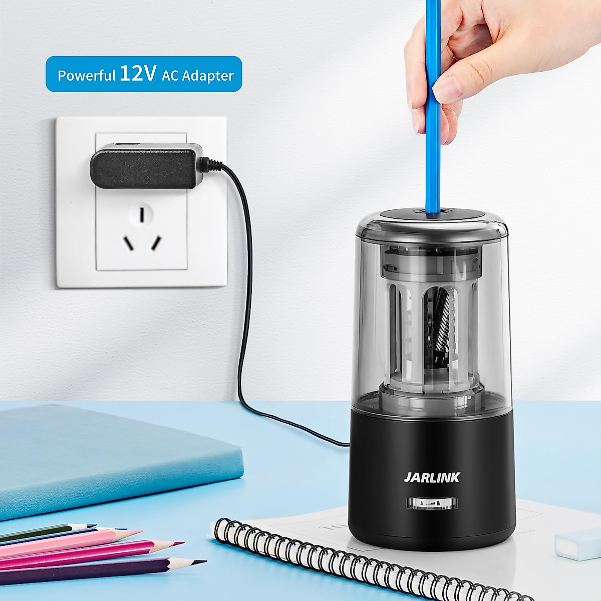 JARLINK Electric Pencil Sharpener, Heavy Duty Pencil Sharpener for 6-12mm Colored Pencils, Auto Stop, Fast Sharpen in 3s, 8000 Sharpening Times, Ideal for School, Classroom, Teacher Supplies, Black