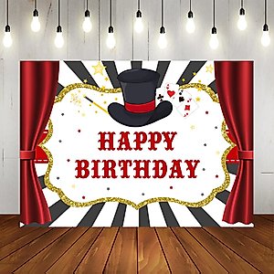 Lofaris 7x5ft Magic Show Happy Birthday Backdrop for Boy Girl Porker Magician Red Curtains Baby Shower Party Decor Supplies Background Magic Trick Black Hat Gold Stars Kids Adults Photo Studio Props