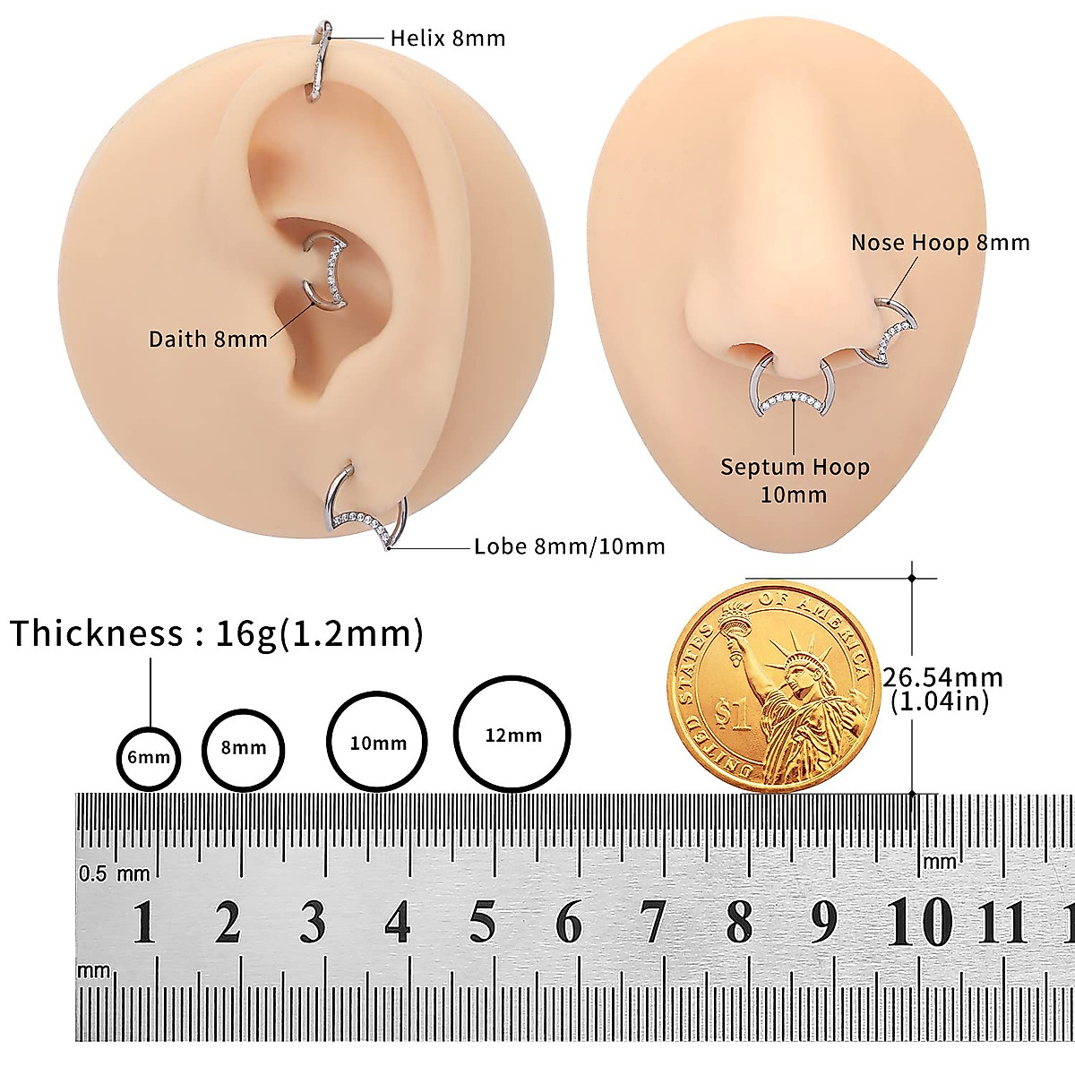 VOJO G23 Titanium Moon Daith Rook Piercing Earrings Jewelry Tragus Helix Nose Rings Cartilage for Women (8mm, CZ Silver)