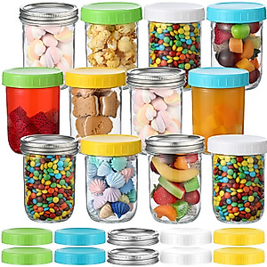 Lallisa 12 Pcs 16 oz Wide Mouth Glass Mason Jars with Colored Plastic Lids and Metal Airtight Lids Food Storage Jars Overnight Oats Containers for Crafts Meal Preparation Pickling 1 Pint Canning