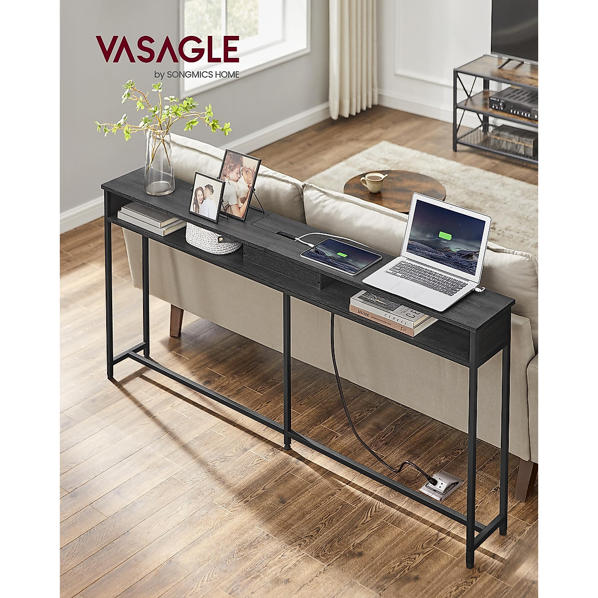 VASAGLE 55.1-Inch Console Table with Outlet and Shelves, Sofa Table with Charging Station, Behind Couch Table Skinny, Entryway Table for Hallway, Living Room, Charcoal Gray and Ink Black ULNT120B22