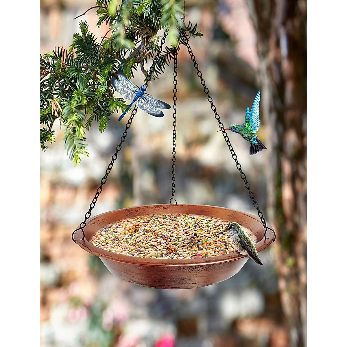 Keygift Hanging Bird Bath for Outdoor, Antique Copper Metal Bird Feeder Birdbath Bowl with 17” Rust-Proof Black Chains for Garden Backyard Decor