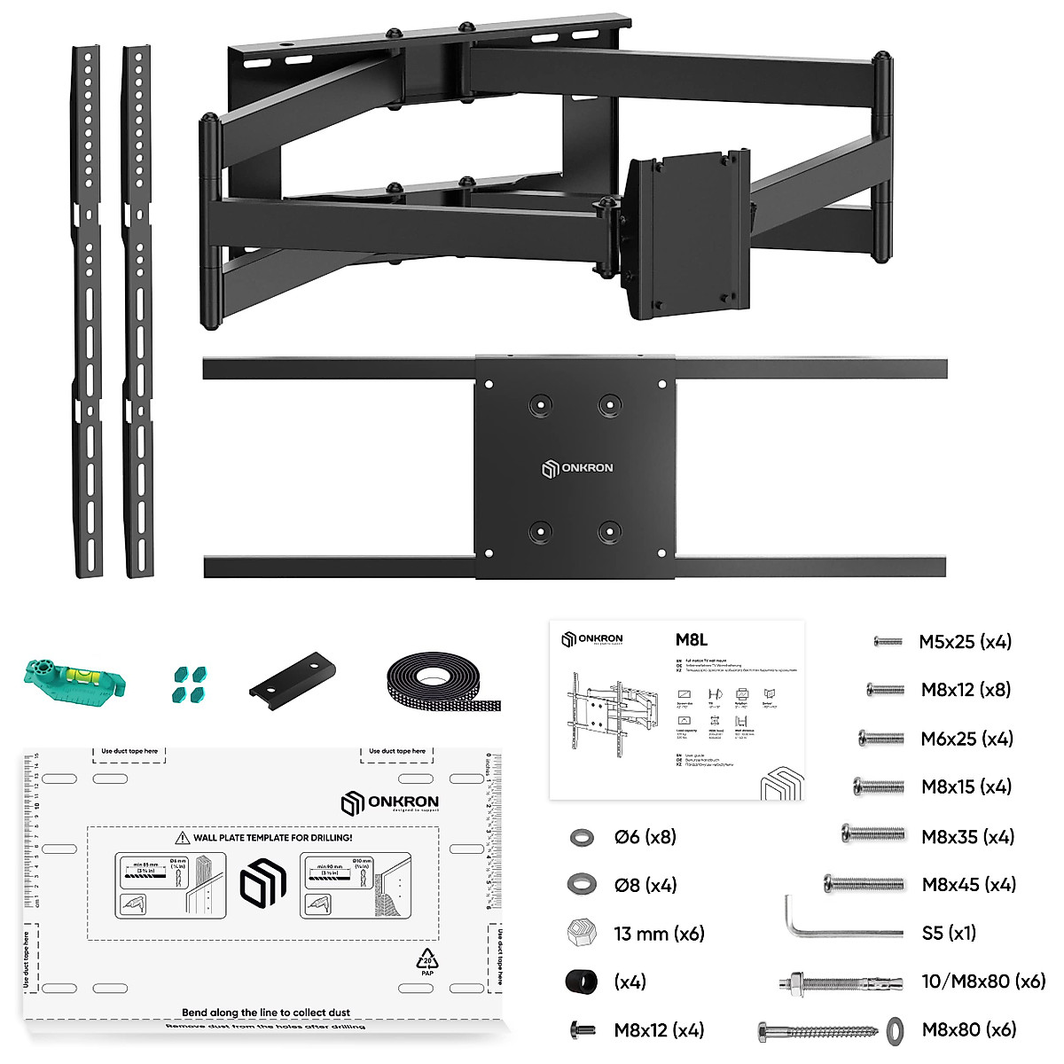 ONKRON Heavy Duty TV Wall Mount for 42-110 Inch TVs & Interactive Panels up to 220 lbs - Full Motion Swivel & Tilt, Black