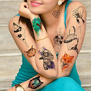 32 Sheets Cute Outer Space Temporary Tattoos For Kids Women, Watercolor Astronaut Planets Star Moon Fake Tattoo Sticker for Boys Girls Children