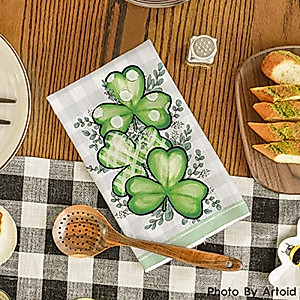 Artoid Mode Buffalo Plaid Eucalyptus Leaves Clover Shamrock Wishes St. Patrick's Day Kitchen Towels Dish Towels, 18x26 Inch Seasonal Decoration Hand Towels Set of 2