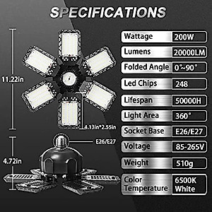 2 Pack LED Garage Light, 200W LED Shop Light, E26/E27 Garage Lights Super Bright Deformable LED Garage Ceiling Light with 6+1 Adjustable Panels Garage Lighting, Bay Light, Attic Light, Basement Light