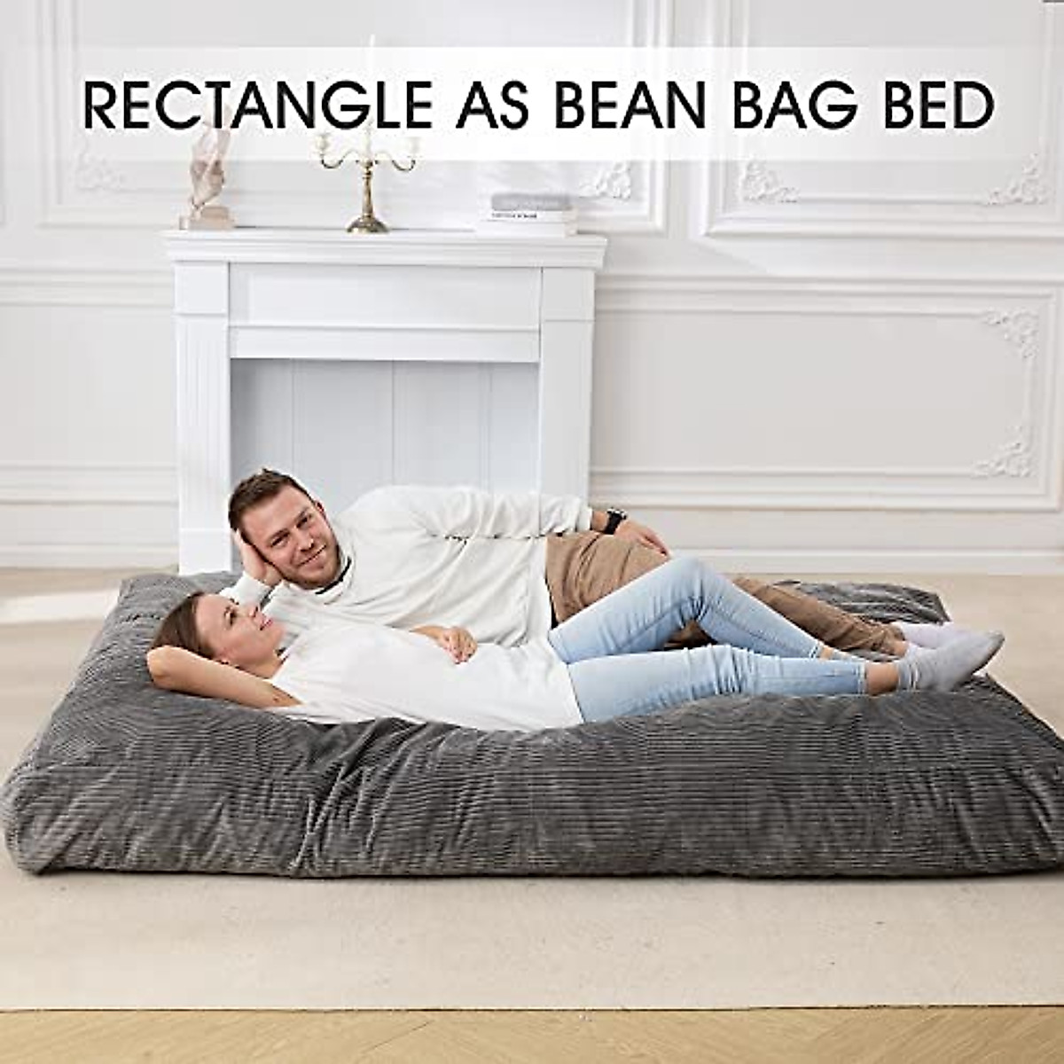 Homguava Corduroy Bean Bag Chair, Variable Shape from Bean Bag to Matress, Convertible Beanbag Chair for Home, Living Room(Grey, Full)