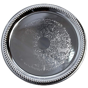Maro Megastore (Pack of 4 14-Inch Traditional Round Floral Pattern Engraved Catering Chrome Plated Serving Tray Mirror Plate Silver Metal Platter Tableware Wedding Birthday (Extra Large) T139-14-4pk