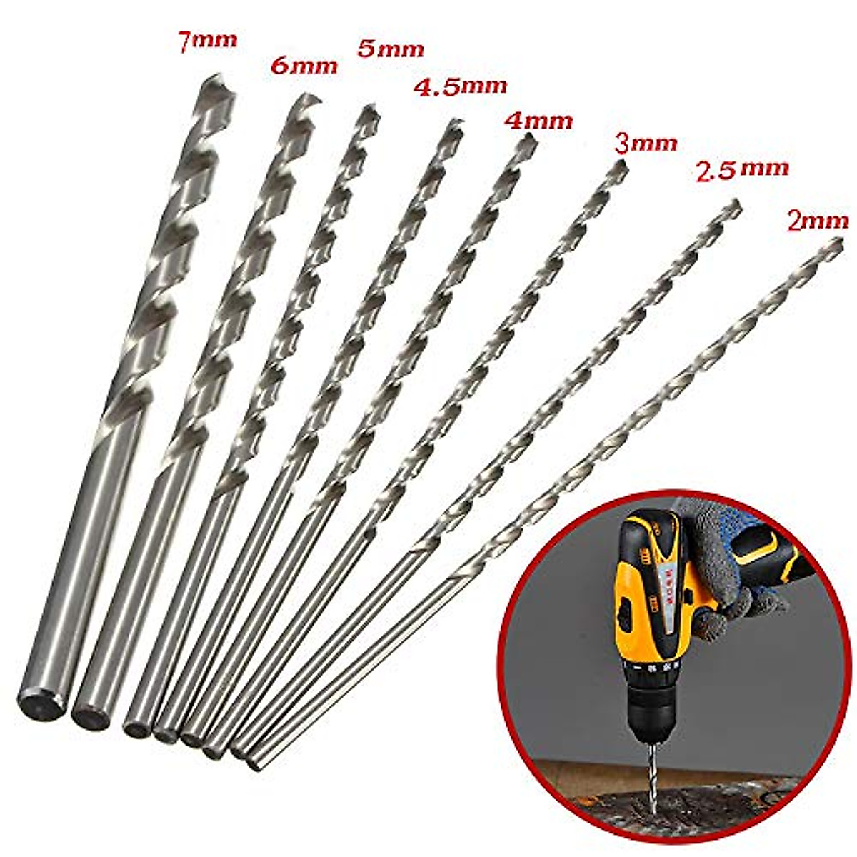 8 Pcs 200mm Extra Long Twist Drill Bits for Steel Straight Shank Tool Sets Wood Plastic and Aluminum, Plastic, Jewelry 2mm - 7mm