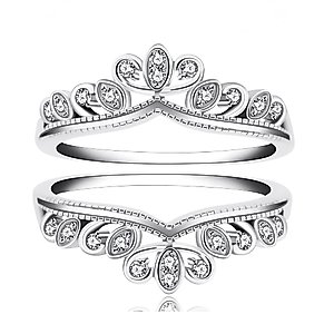 Uloveido Women's 925 Sterling Silver Princess Crown Tiara Wedding Ring Guard Enhancer 2pcs Stack Rings Set Y1525 (Size 8)