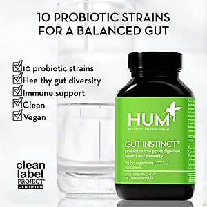 HUM Gut Instinct - Gut Health Daily Probiotic Blend for Overall Digestive Health - Lactobacillus + Bifidobacterium Strains for Bloating Relief, Immune Support + Healthy Gut Diversity (30 Capsules)