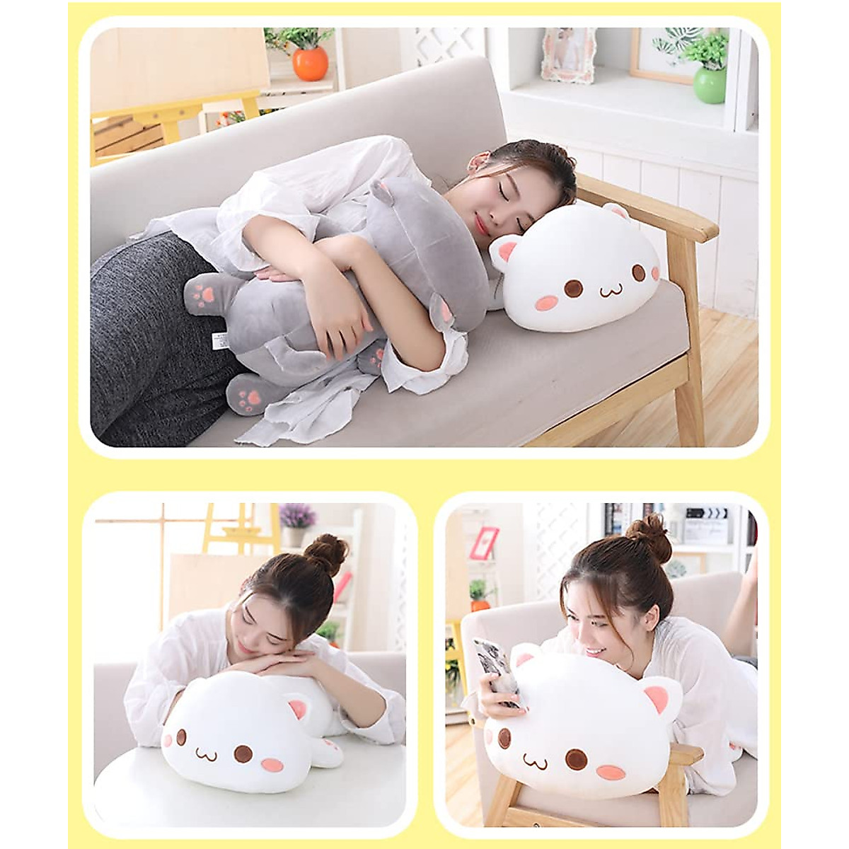 Cute Kitten Plush Toy Stuffed Animal Pet Kitty Soft Anime Cat Plush Pillow，Plush cat Doll Pillow Toys Children's (White)