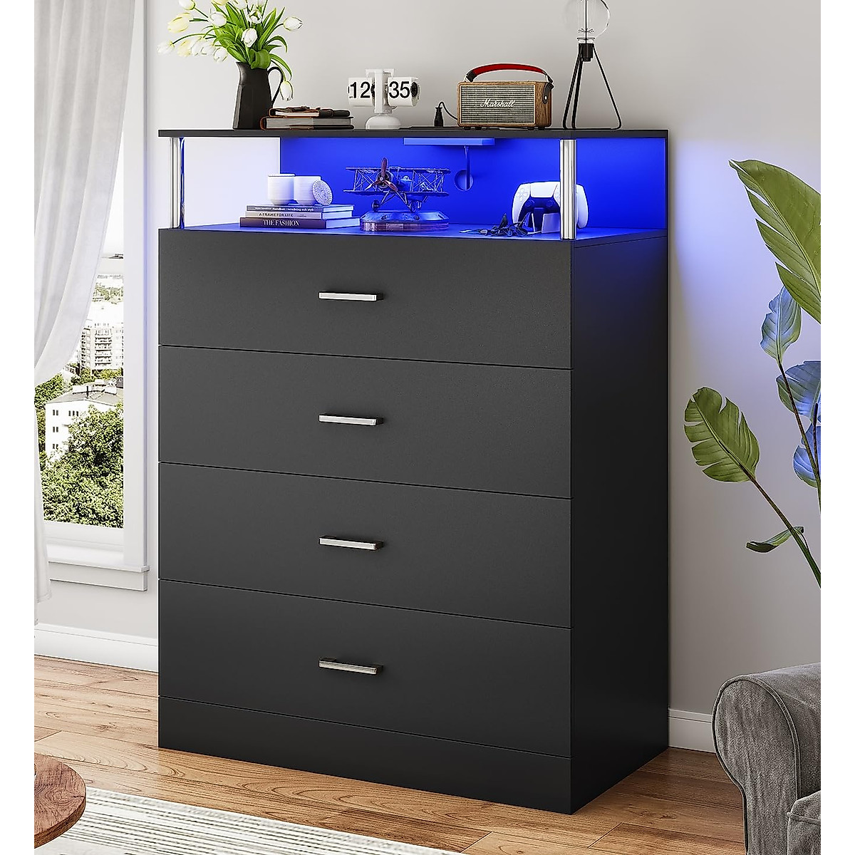 AOGLLATI Dresser for Bedroom with Column Design, 4 Drawer Dresser with Charging Station, Modern Bedroom Led Tall Black Dresser for Bedroom Closet