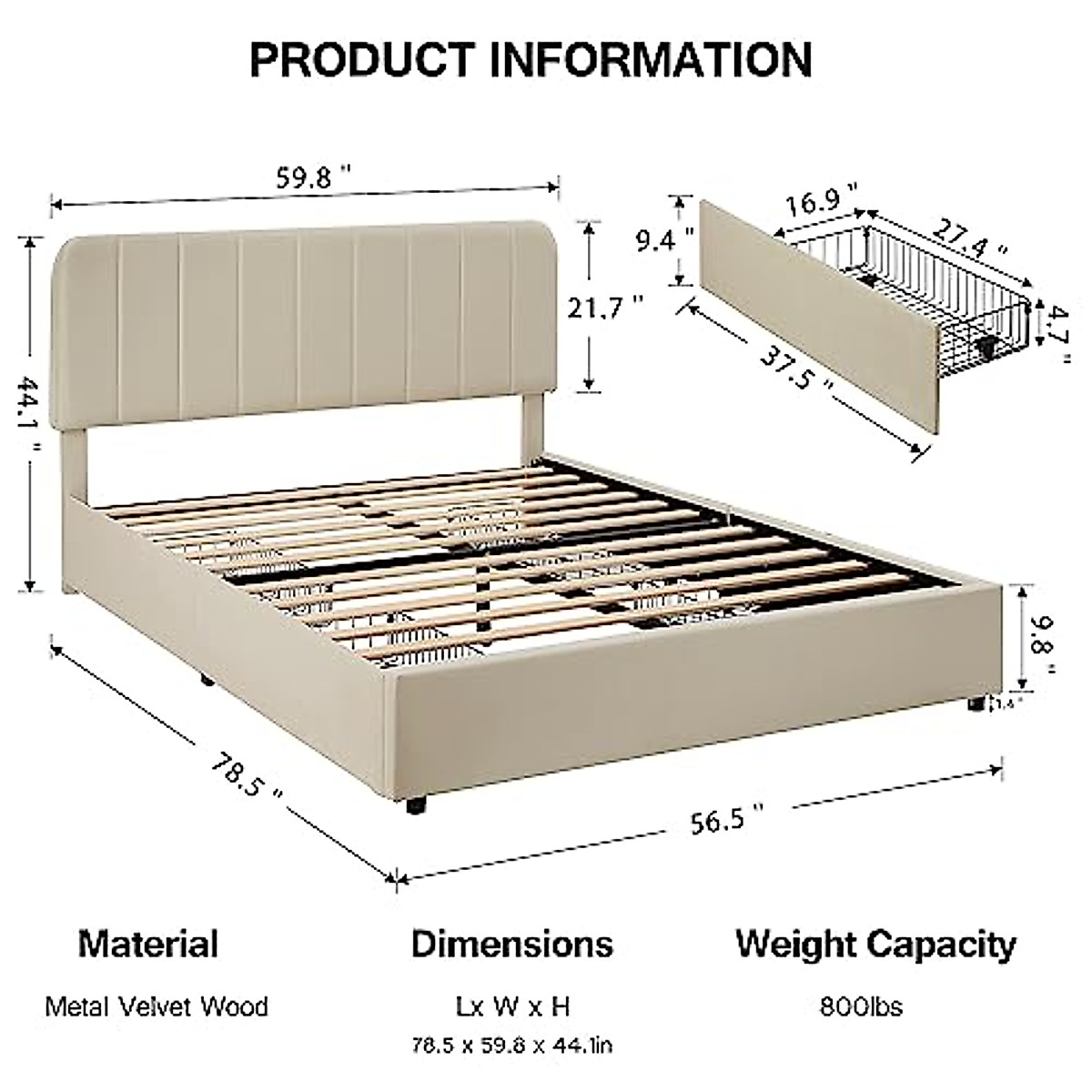 VECELO Full Size Upholstered Bed Frame with 4 Drawers and Adjustable Headboard, Velvet Platform Storage Bedframe Mattress Foundation, Wooden Slats Support, No Box Spring Needed, Beige