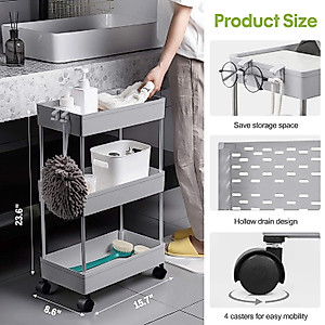 KPX Bathroom Rolling Storage Cart with Wheels Kitchen Utility Cart Casters Mobile Laundry Organizer Shelves for Room Organizers, Make Up, Home School, Dorm Room Office Essentials (3-Tier, Gray 1)