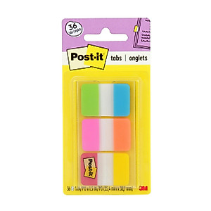 Post-it Tabs, 1 in Solid, Aqua, Yellow, Pink, Red, Green, Orange, 6/Color, 36/Dispenser (686-ALOPRYT)