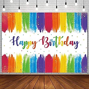 AIBIIN 7x5ft Let's Paint Happy Birthday Backdrop Paint Rainbow Party Decorations Supplies Colorful Confetti Graffiti Wall Gold Glitter Splatter Photography Background Banner Cake Table Photo Props