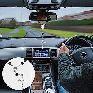 4 Pieces Auto Rosary for Rearview Mirror Pearl Glass Beads Catholic Bracelet Rosary Beads Catholic for Woman Men Car Rosary with Cross Crucifix Rosary Necklace Hanging Accessories (Black Beads)