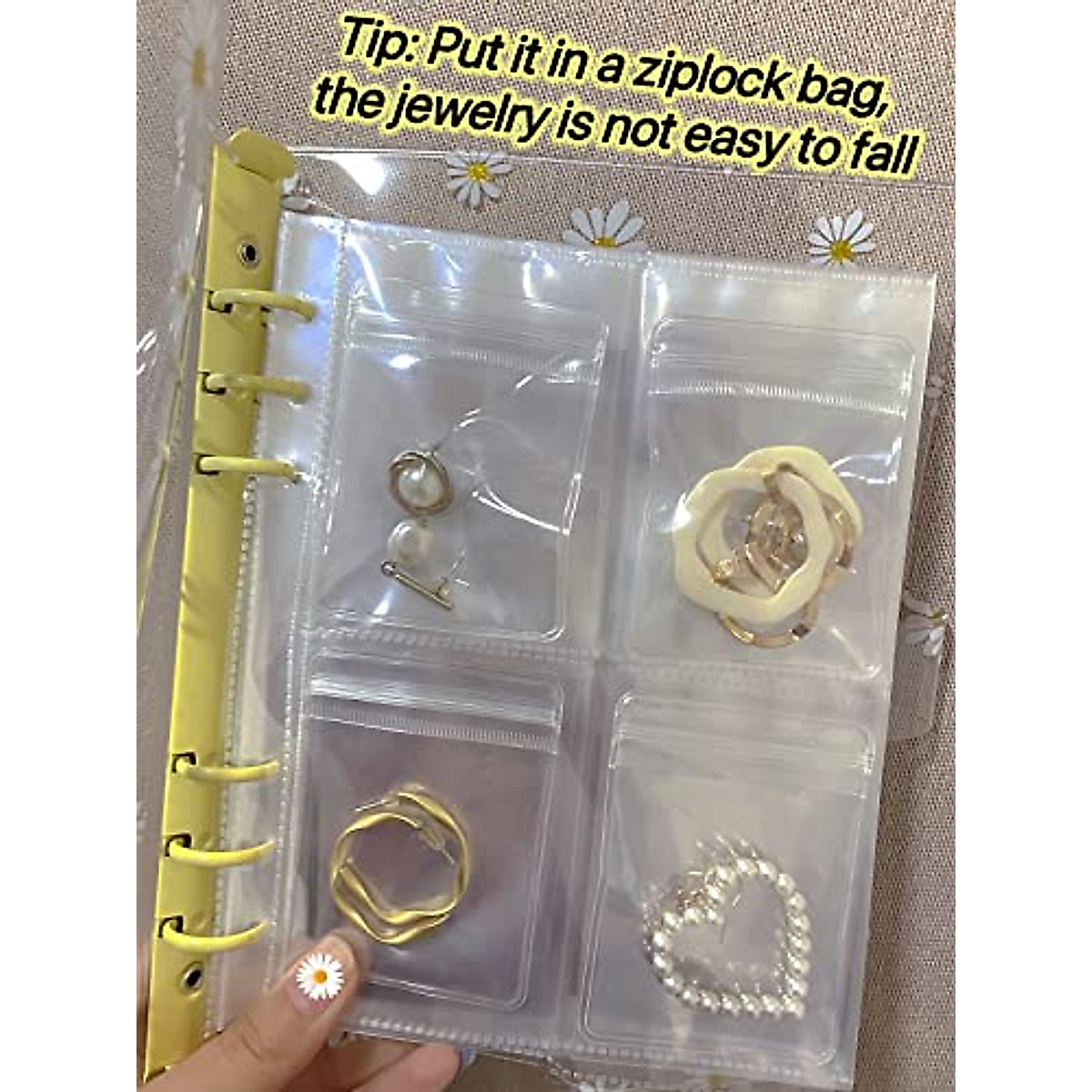 BINGC Transparent Jewelry Storage Book，Portable Travel Jewelry Earring Organizer Upgraded Version Anti Oxidation Jewelry Storage Bag Necklace Bracelets Rings(100 Grids + 100 Ziplock Bags) (YELLOW)