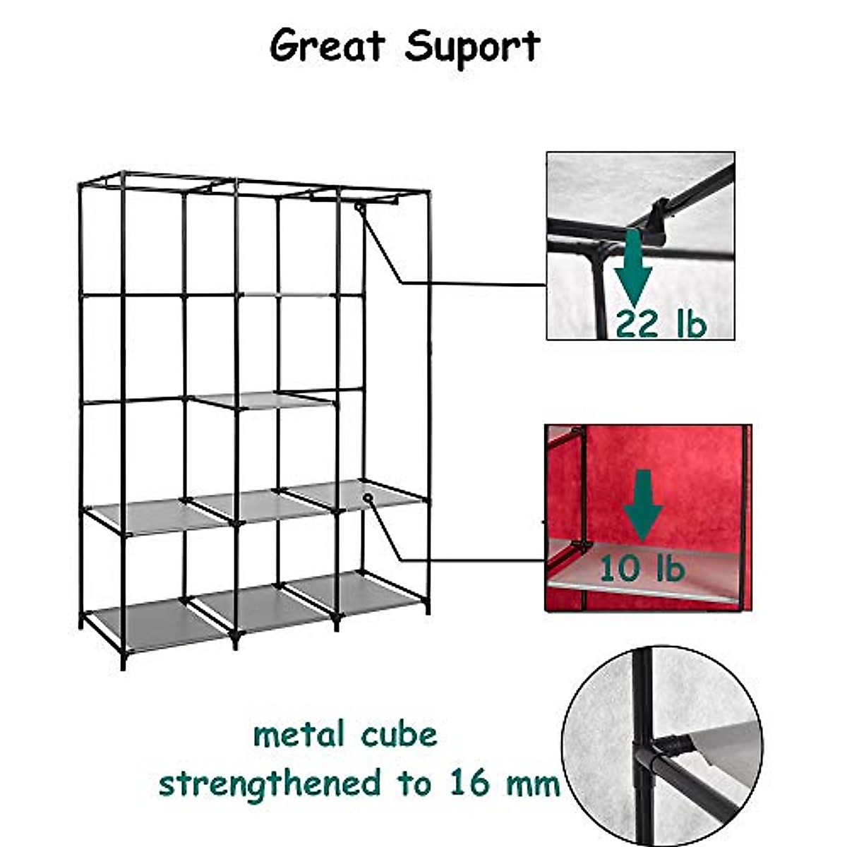 LUCKYERMORE Wardrobe Closet Portable Cloth Closets Organizer Clothes Storage with Hanging Rack and Removable Cover, Red