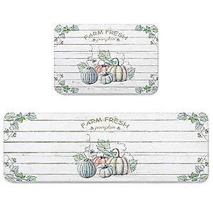 SUN-Shine Thanksgiving Pumpkin Fall Season Kitchen Rug Set 2 Pieces Cushioned Kitchen Floor Mats Comfort Soft Standing Doormat, Non Slip Rugs and Runner White Wood Board