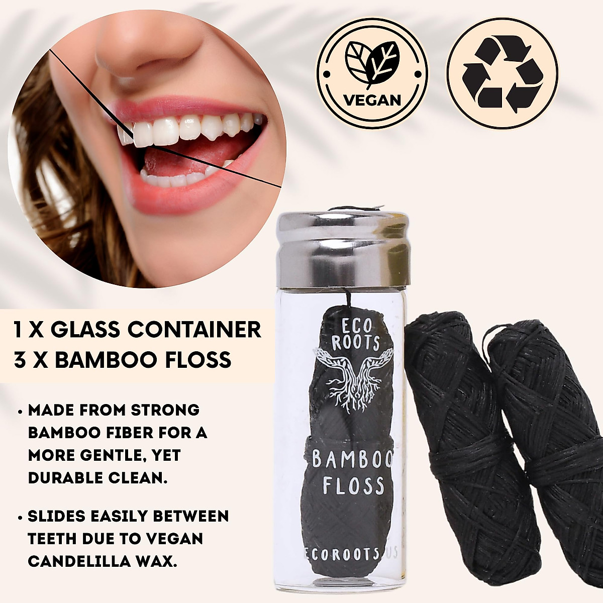 ECO ROOTS Bamboo Floss, Eco Friendly Dental Floss | Reusable Flosser Glass Holder | Vegan Bamboo Flossers | Zero Waste, Plastic Free, Biodegradable Tooth Floss | Sustainable Products