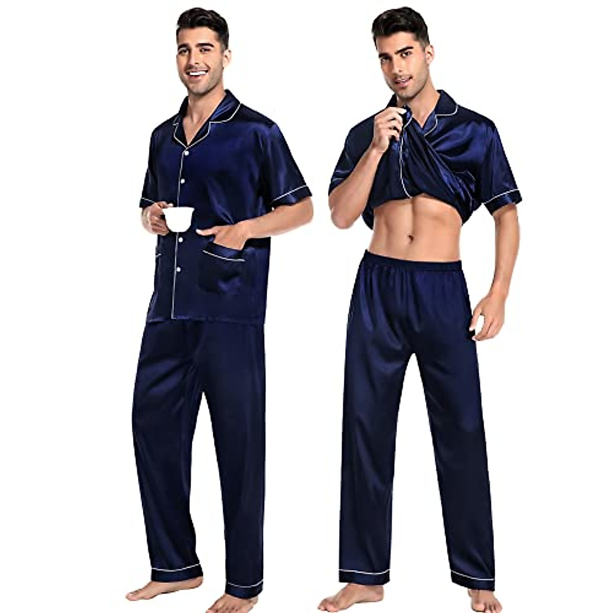 SWOMOG Women's Satin Pjs Set Two Piece Lounge Set Button Down Sleepwear Silk Pajamas Navy Blue