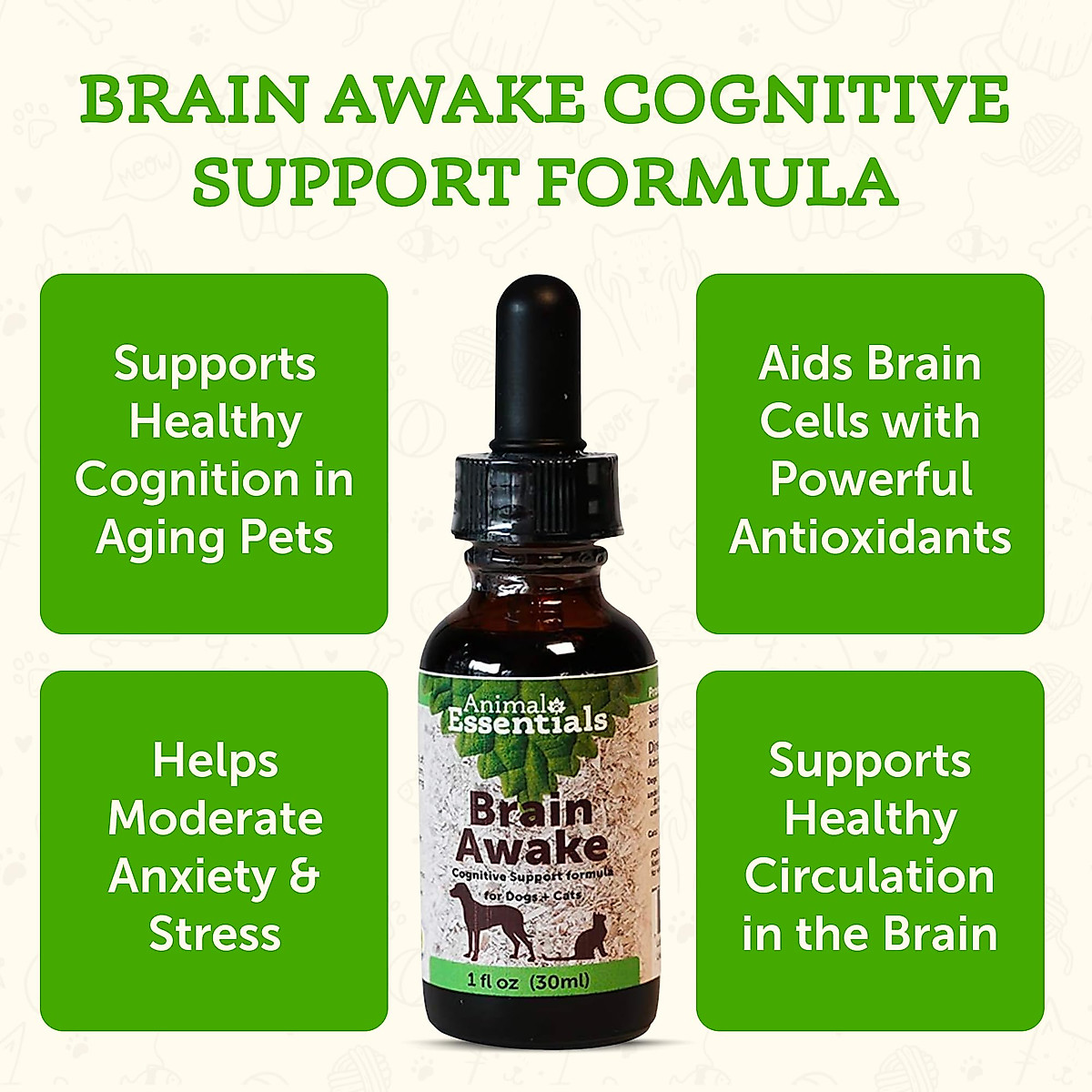 Animal Essentials Brain Awake for Dogs & Cats - Cognitive Support Supplement, Senior Support, Lion's Mane, Brain Health, Herbal Formula - 1 Fl Oz