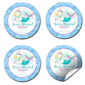 Magical Mermaid Unicorn Valentine Party Favor Sticker Labels, 40 2" Party Circle Stickers by AmandaCreation, Great for Classroom Valentines, Envelope Seals, Gifts & Treats