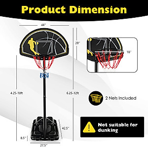 Goplus Portable Basketball Hoop Outdoor Indoor, 4.25-10FT 12-Level Adjustable Basketball Goal w/ 44’’ Shatterproof Backboard, Fillable Base, Basketball Stand System for Kids Teens Youth Adults