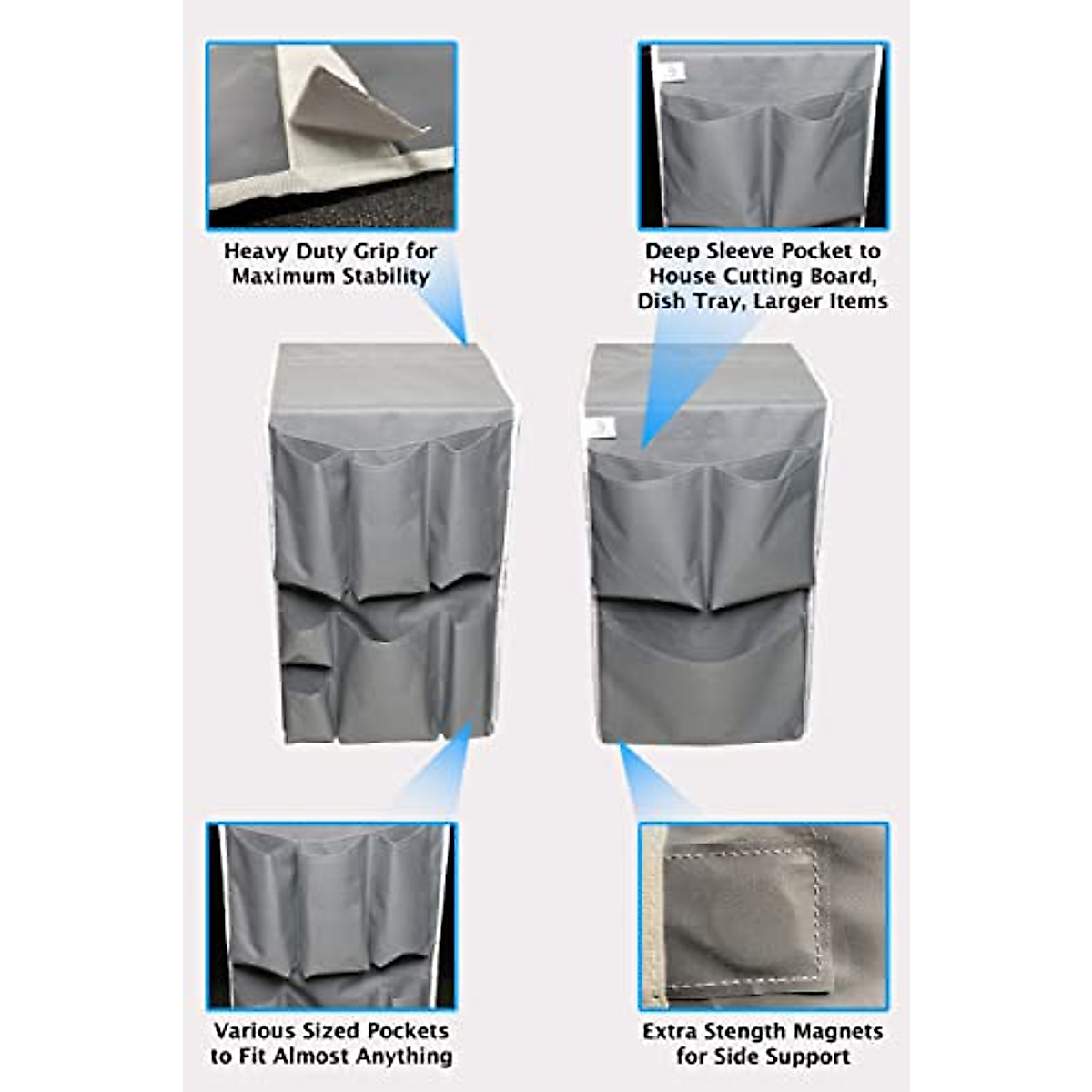 EFP -ALL IN ONE 12 Pocket Dorm & Office Mini Fridge Caddy Organizer - Stores Pantry Items, Cutlery, Utensils, Bottles, Plates, & More For Home, Includes Collapsible Cutting Board & Dish Mat (Grey)