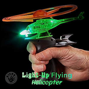 Kicko Flying Light-Up Toy - 2 Pack Ripcord Helicopter for Night Glow, Outdoor Playtime, Novelty, Rocket Flyer, Party Favor and Supply