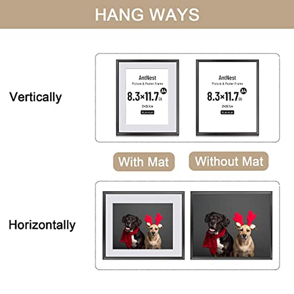 AntNest A4 Aluminum Picture Frame, Acrylic Front, Thin Black Metal Poster Frame for 8.3x11.7 Pictures, Horizontal/Vertical Wall Mount, Wall Hook Included