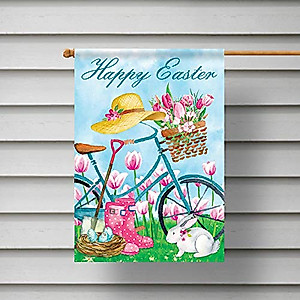 Texupday Happy Easter Bicycle with Cute Bunny Tulips Decoration Spring House Flag Outdoor Yard Flag 28" x 40"