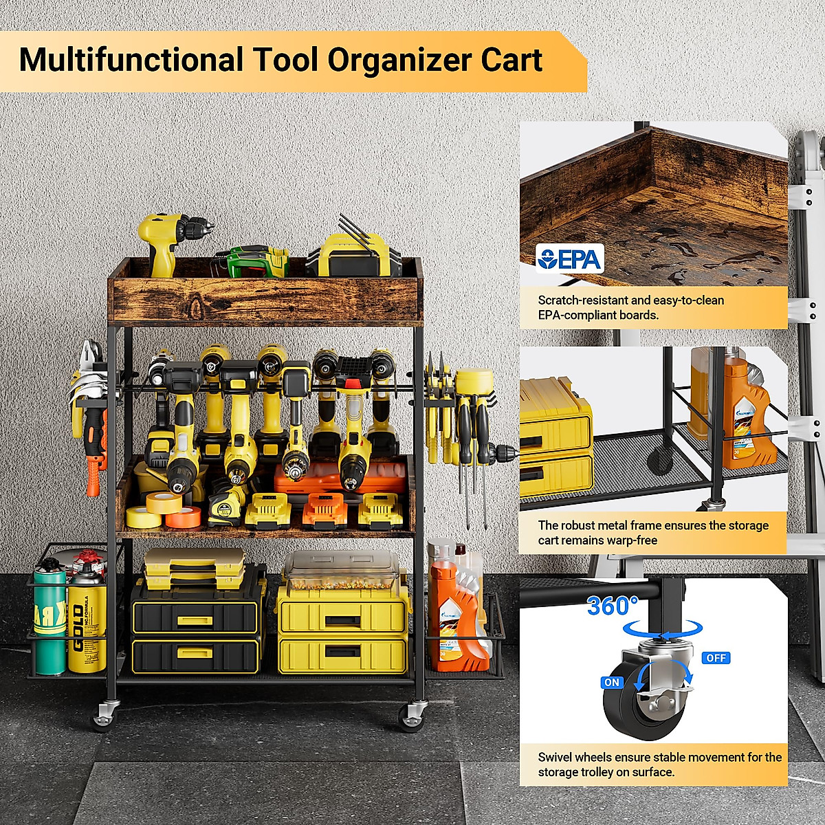 Dunatou Power Tool Organizer Cart Heavy Duty 4 Tier Rolling Tool Cart Garage Storage with Drill Rack Shelf Open Tool Chest Organizer with Wheels Workshop and Garage Ideas for Men or Dad