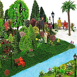 QuarenDen Model Scenery Kit, Painted Figures, Model Train Scenery, 47pcs, Miniature Trees, Model Trees, Model Grass Mat for Miniature Scene Landscape